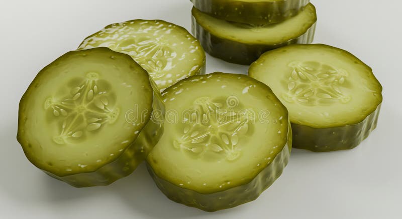 Slices of Pickles are Arranged on a Smooth White Surface. Each Slice ...