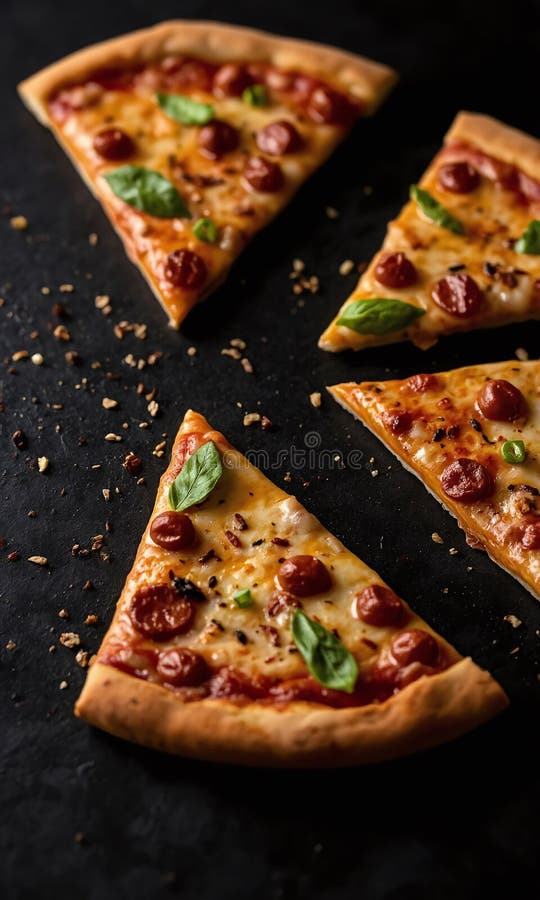 Slices of Pizza with Spices on Black Background Stock Illustration ...