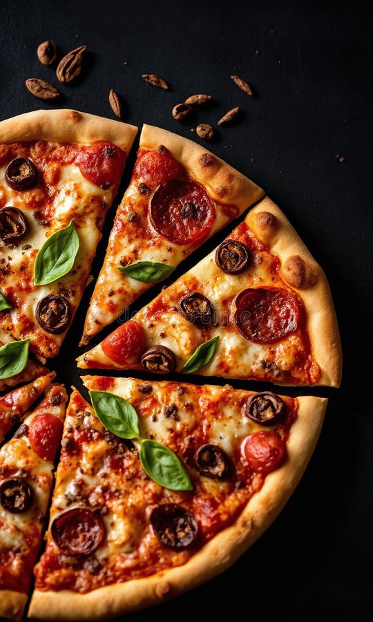 Slices of Pizza with Spices on Black Background Stock Illustration ...