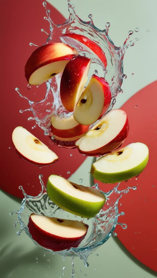 Slices of Red and Green Apples Captured Mid-air with Water Splashes ...