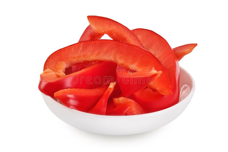 Slices of Red Sweet Bell Pepper in Ceramic Bowl Isolated on White ...