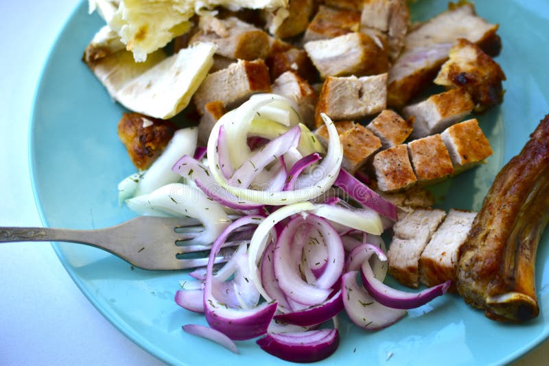 Slices of Roast Pork with Pickled Onions on a Plate Stock Photo - Image ...