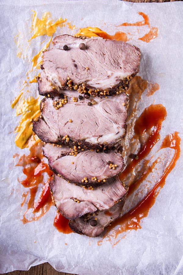 Slices of Roasted Meat. Cold-boiled Pork on Parchment Stock Image ...