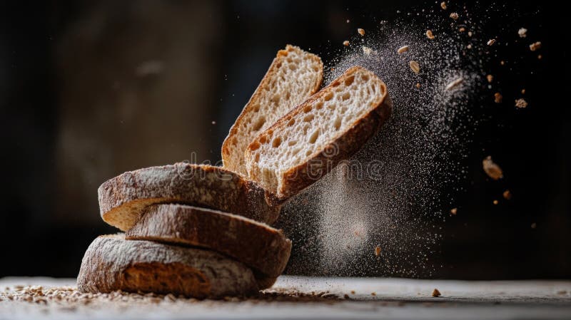 Slices of Rustic Bread Flying Against Dark Background Stock ...