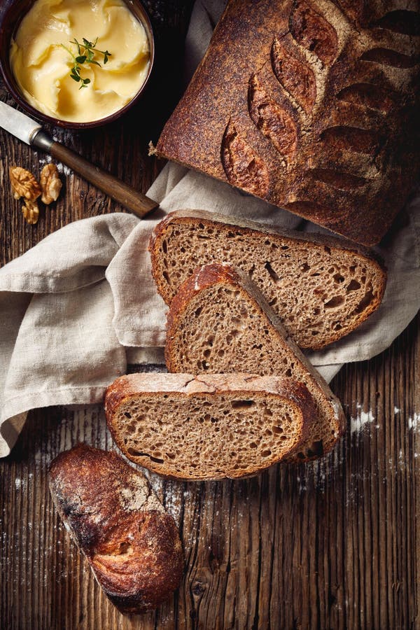 Rustic Sourdough Bread Slices with Red Wine Stock Image - Image of ...
