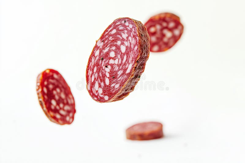 Slices of Salami Falling through the Air on White Background Stock ...