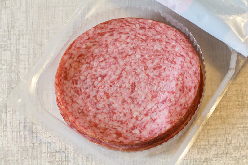 Slices of Salami in Packaging Stock Photo - Image of salami ...