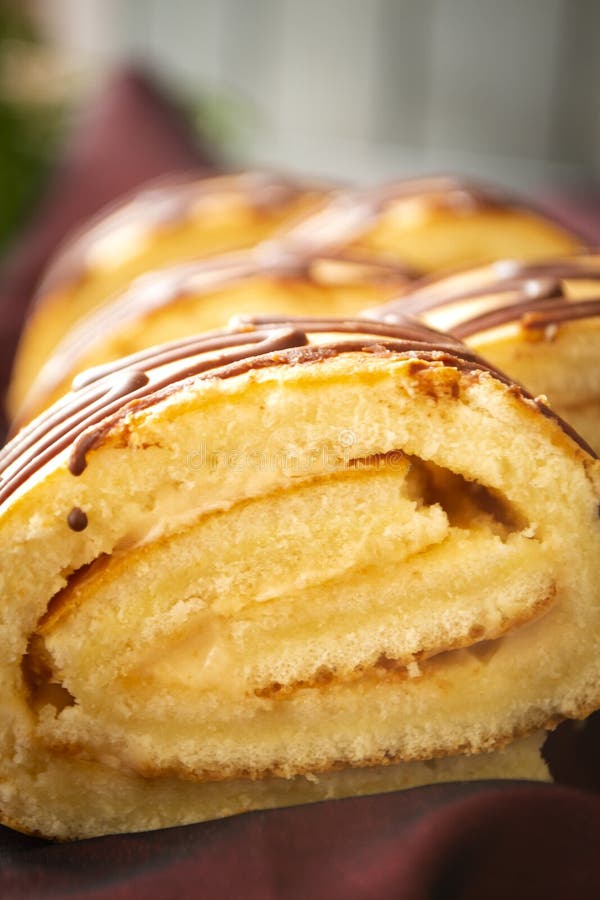 Slices of Sweet. Creamy Roll Cake, Close Up, Vertical Image Stock Photo ...