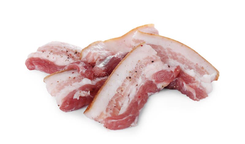 Slices of Tasty Pork Fatback with Spices on White Background Stock ...