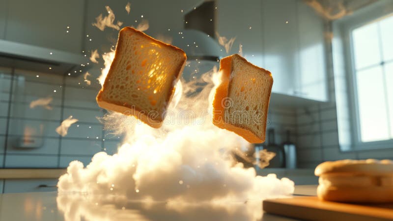 Slices of Toast Dramatically Flying with Fire and Smoke Effects Stock ...