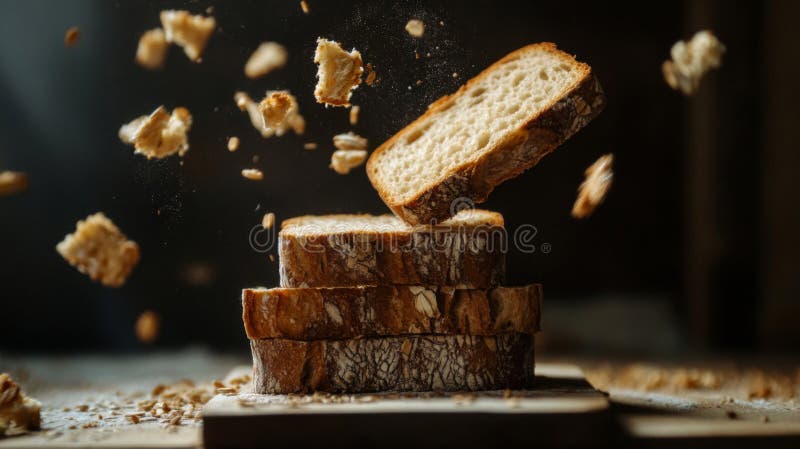 Slices of Wheat Bread Crumbs Flying Dark Background Stock Illustration ...