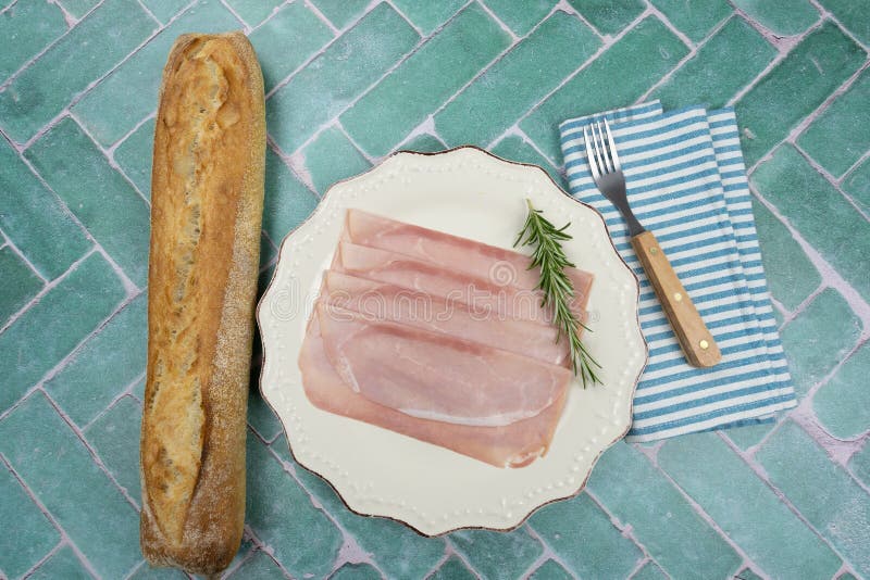 Slices of white ham stock image. Image of baguette, plate - 215652937