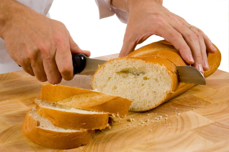 Man Slicing Bread Behind the Counter of a Sandwich Bar Stock Image ...