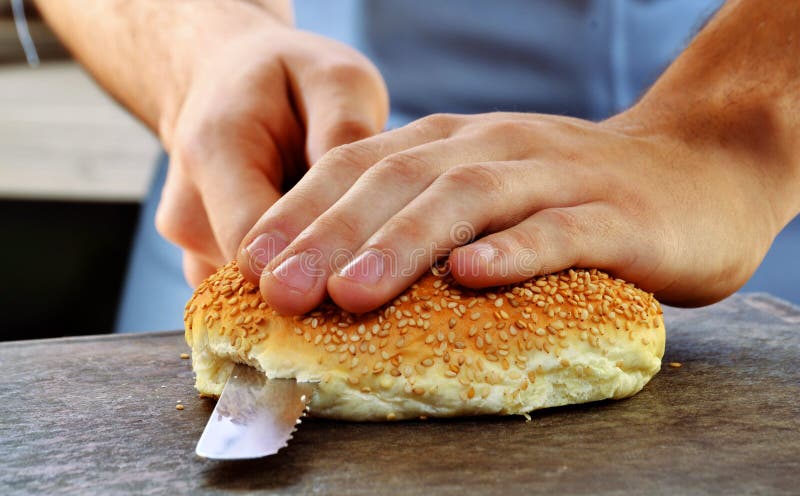 Slicing burger bread stock image. Image of stone, fast - 56436345