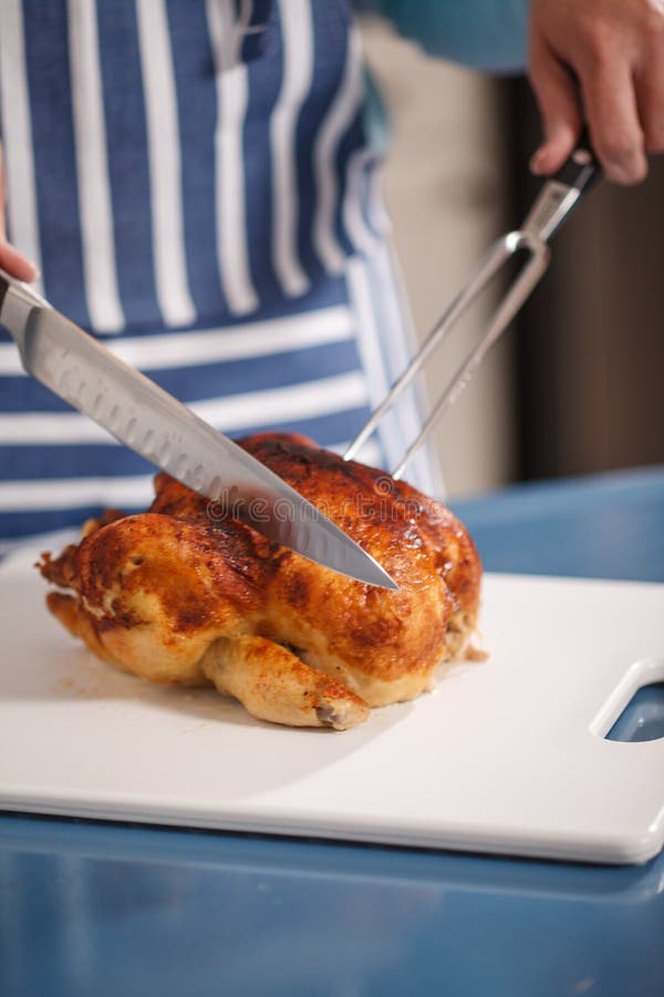 Slicing Chicken Breasts on Cutting Board, Cooking Poultry Meat Stock ...
