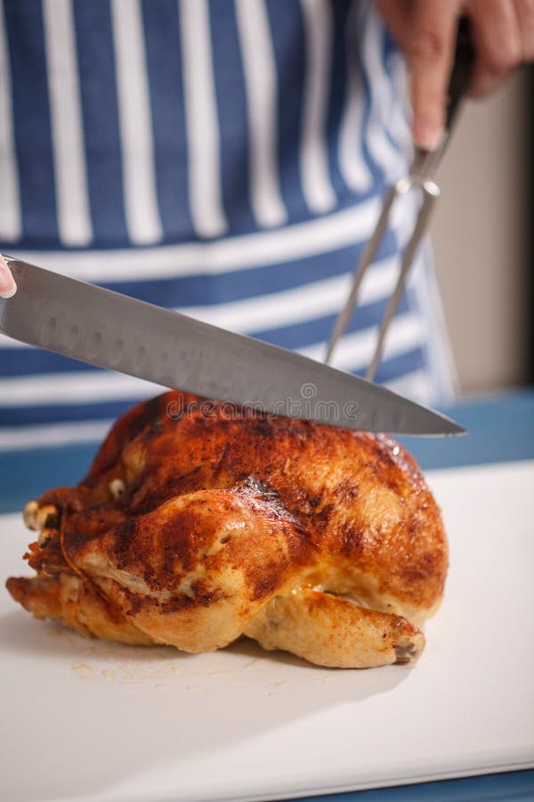 Slicing Chicken Breasts on Cutting Board, Cooking Poultry Meat Stock ...