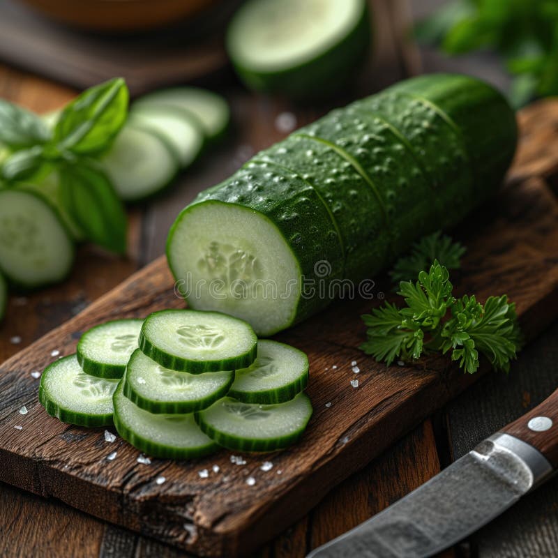 Slicing Cucumber on a Wooden Board Stock Illustration - Illustration of ...
