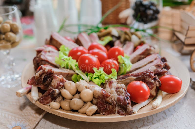 Slicing Different Types of Meat. Meat Snacks on the Table. Wedding ...