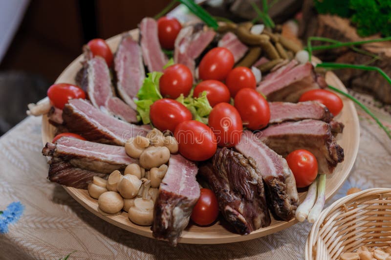 Slicing Different Types of Meat. Meat Snacks on the Table. Wedding ...