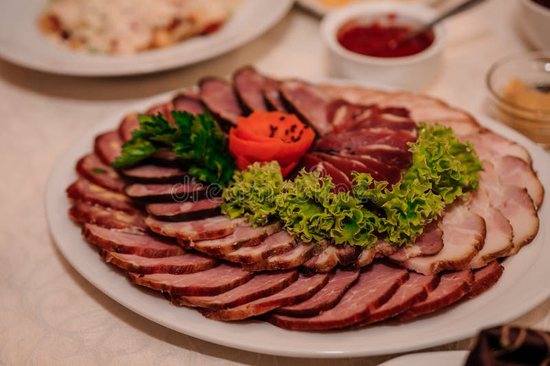 Slicing Different Types of Meat. Meat Snacks on the Table. Wedding ...