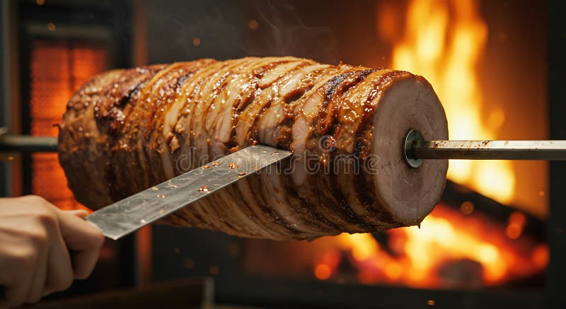 Slicing Roast Pork on a Spit with Knife Over Open Fire Stock ...