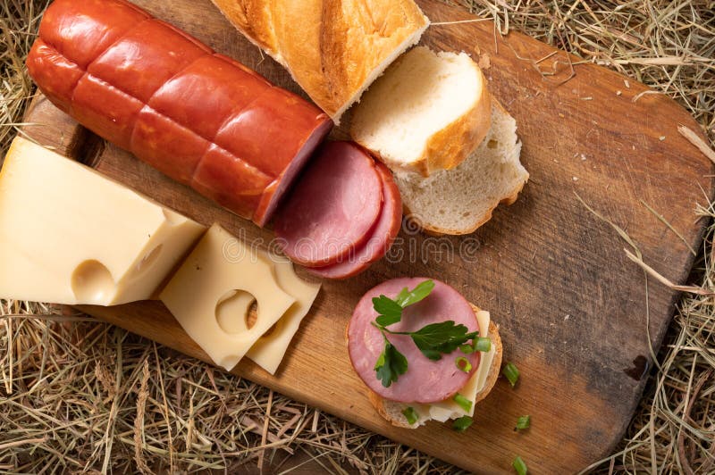 Slicing for a Sandwich on a Cutting Board. View from Above. Rustic ...