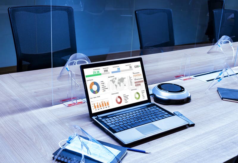 Slide Presentation on Display Laptop and Notebook on Table Stock Photo ...