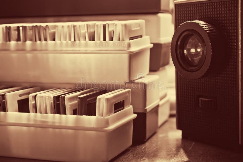 Slide projector and slides stock image. Image of projector - 31436009