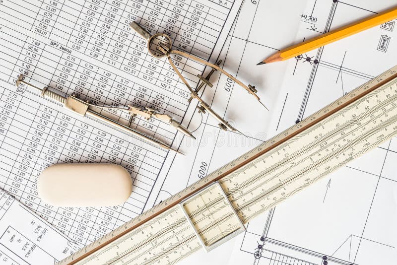 Slide Rule with Diagrams and Drawing Tools on the Table Stock Image ...