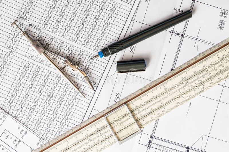 Slide Rule with Diagrams and Drawing Tools on the Table Stock Image ...