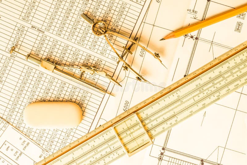 Slide Rule with Diagrams and Drawing Tools on the Table Stock Image ...