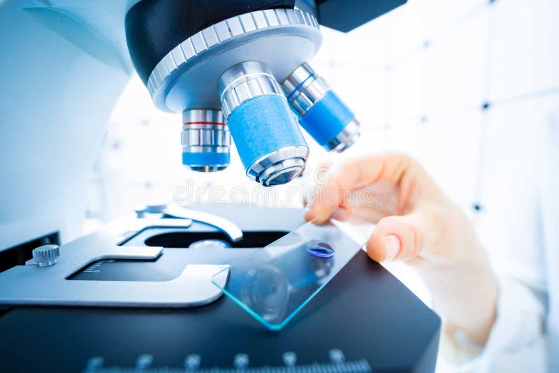 Slide Under Microscope Lenses in Laboratory Stock Photo - Image of ...
