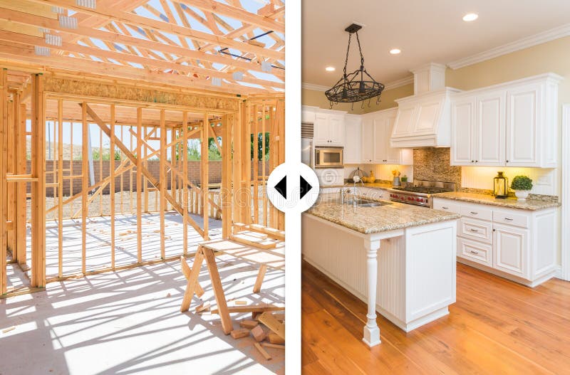 Before and after Slider Comparing Wood Framing Construction and Completed Custom Kitchen Stock ...