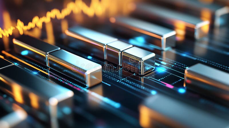 Sliders on a High-tech Audio Mixing Console with Colorful Sound Wave ...