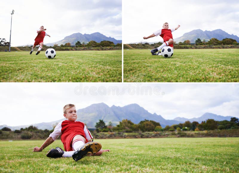 Sliding in. Composite Image a Young Boy Performing a Slide Tackle ...