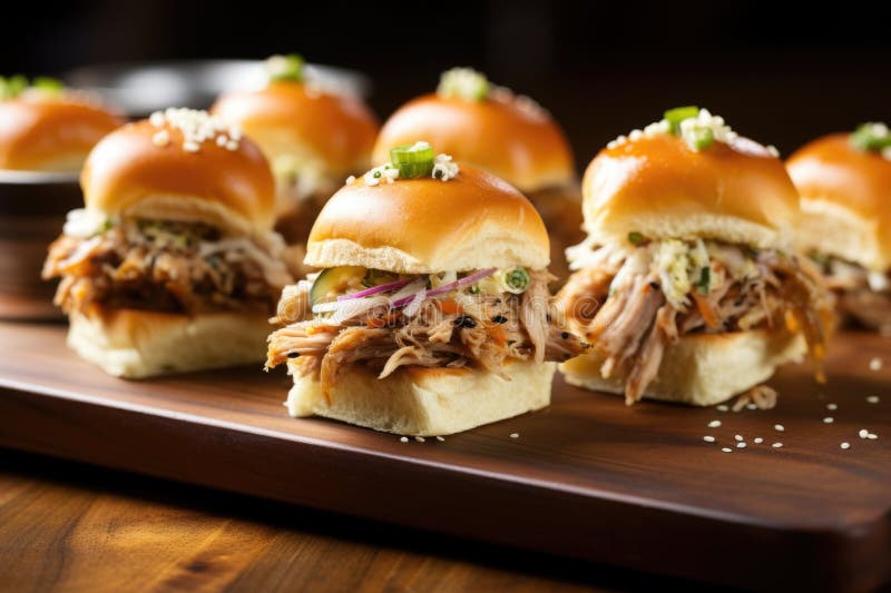 Sliding a Plate of Finished Pork Sliders Towards the Camera Stock ...