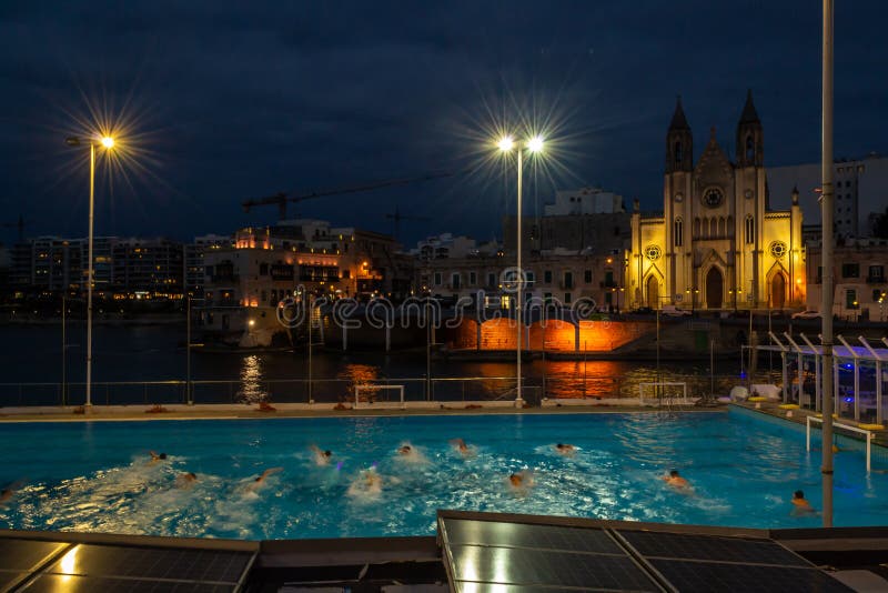 Sliema at Night, Illuminated by Lights, Malta Stock Photo - Image of ...