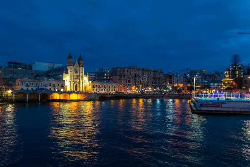 Sliema at Night, Illuminated by Lights, Malta Stock Image - Image of ...