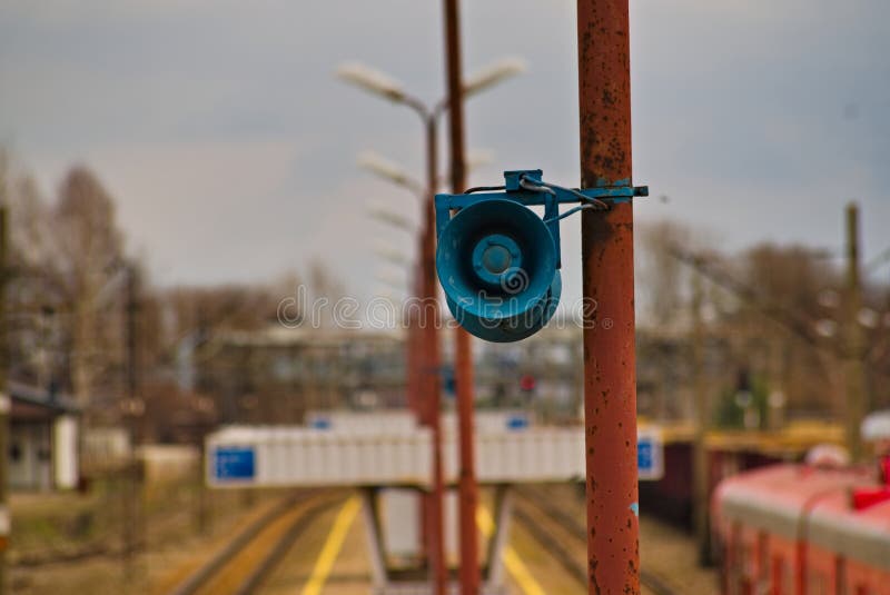 Old Blue Railway Megaphone on the Platform. Stock Photo - Image of ...