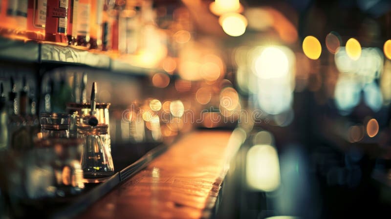 Slightly Blurry Bar Counter with Glasses and Bottles Lining the Shelves ...