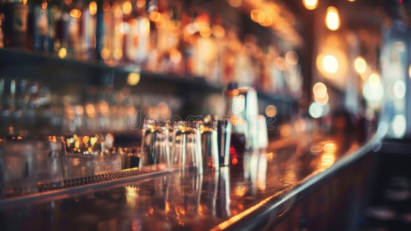 Slightly Blurry Bar Counter with Glasses and Bottles Lining the Shelves ...