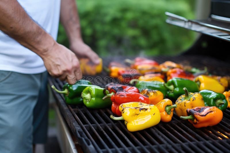 Slightly Charred Bell Peppers on a Grill with a Man Turning Them Stock ...