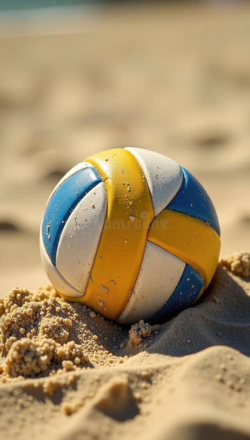 Slightly Deflated Volleyball Partially Buried in Sand , Volleyball ...