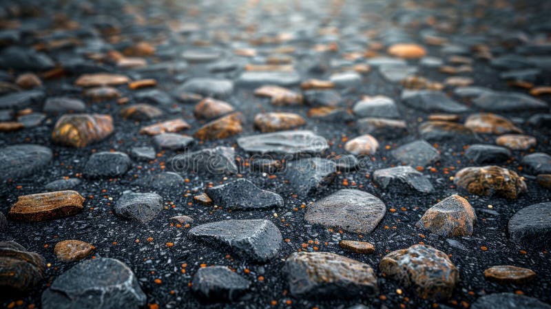Gray Asphalt Surface Compacted Over Soil with Visible Rocks during ...