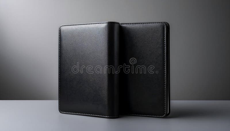 A Slightly Open Black Leather Notebook with a Soft Shadow on a Neutral ...