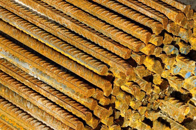 A Slightly Rusted Bundle of Steel Reinforcing Bars Stored at a ...