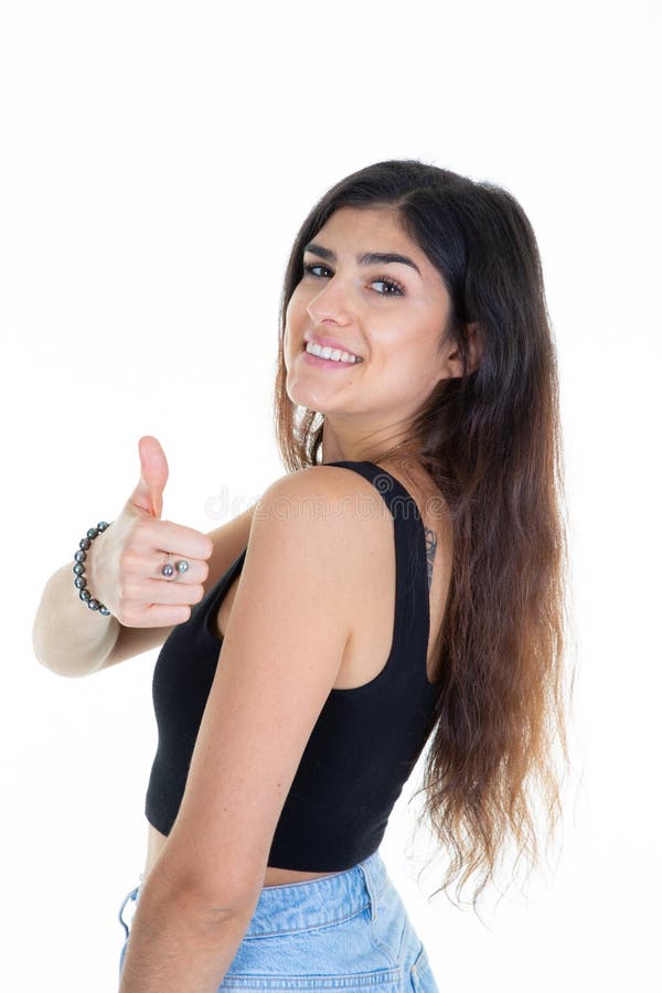 Slim Brunette Woman Giving Thumbs Up on White Background Stock Image ... Slim Brunette Woman Giving Thumbs Up on White Background Stock Image ...