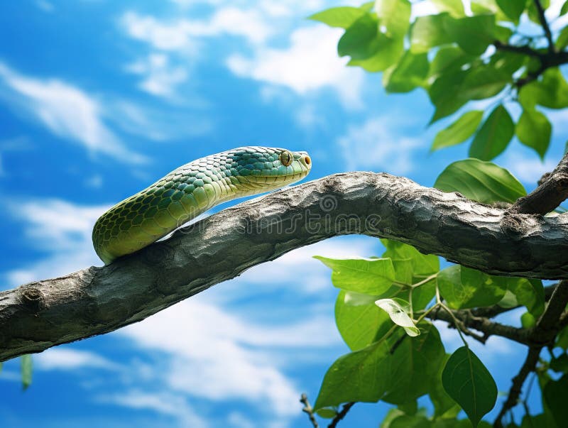 Slim Green Snake, Stretched between Dead Tree Branches Stock ...