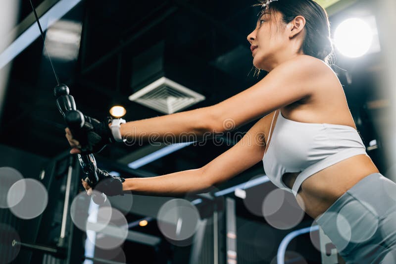 Slim and Strong Young Woman Working Out on a Pull-down Weight Machine ...