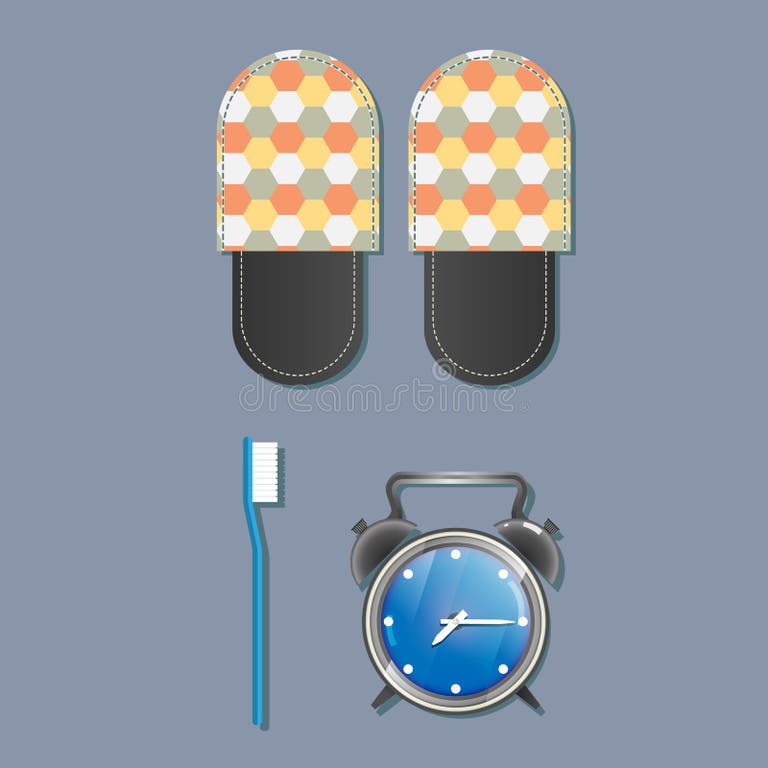 Slippers, Alarm Clock and Toothbrush Stock Illustration - Illustration ...
